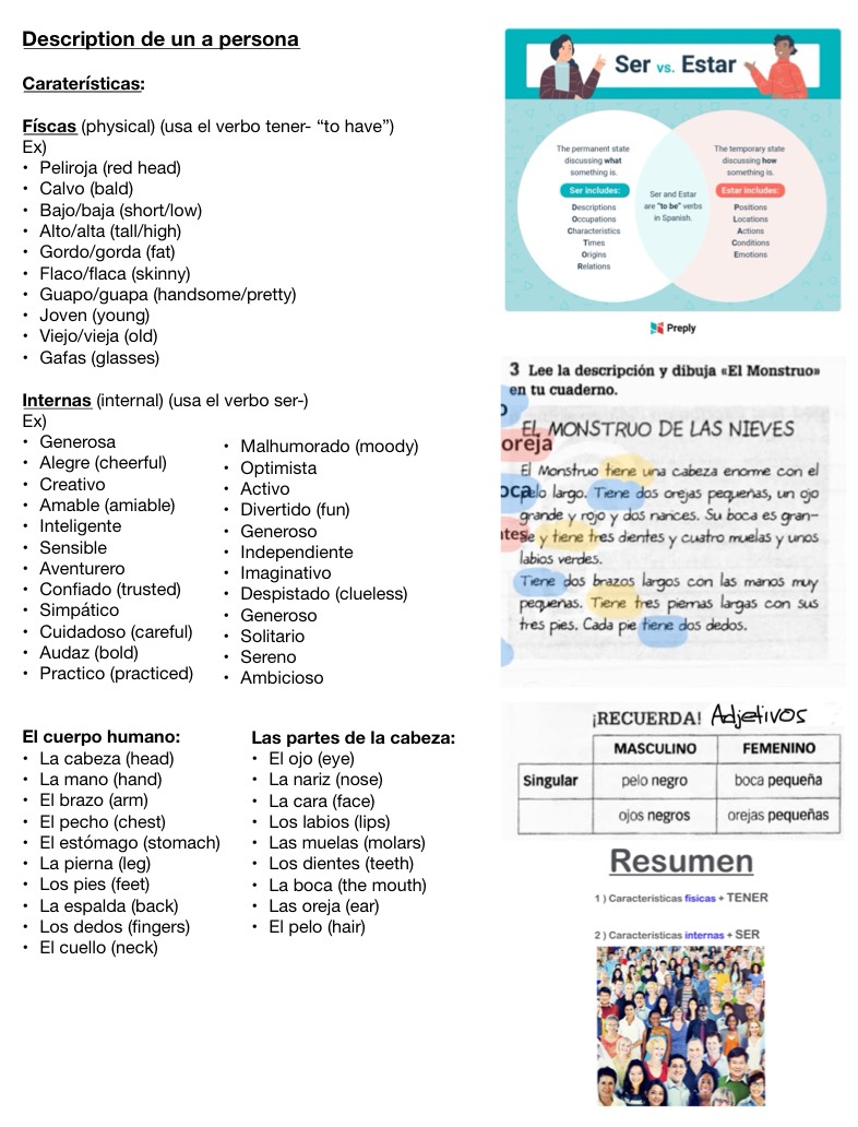 Spanish Descriptive Words: Physical And Internal Characteristics ...